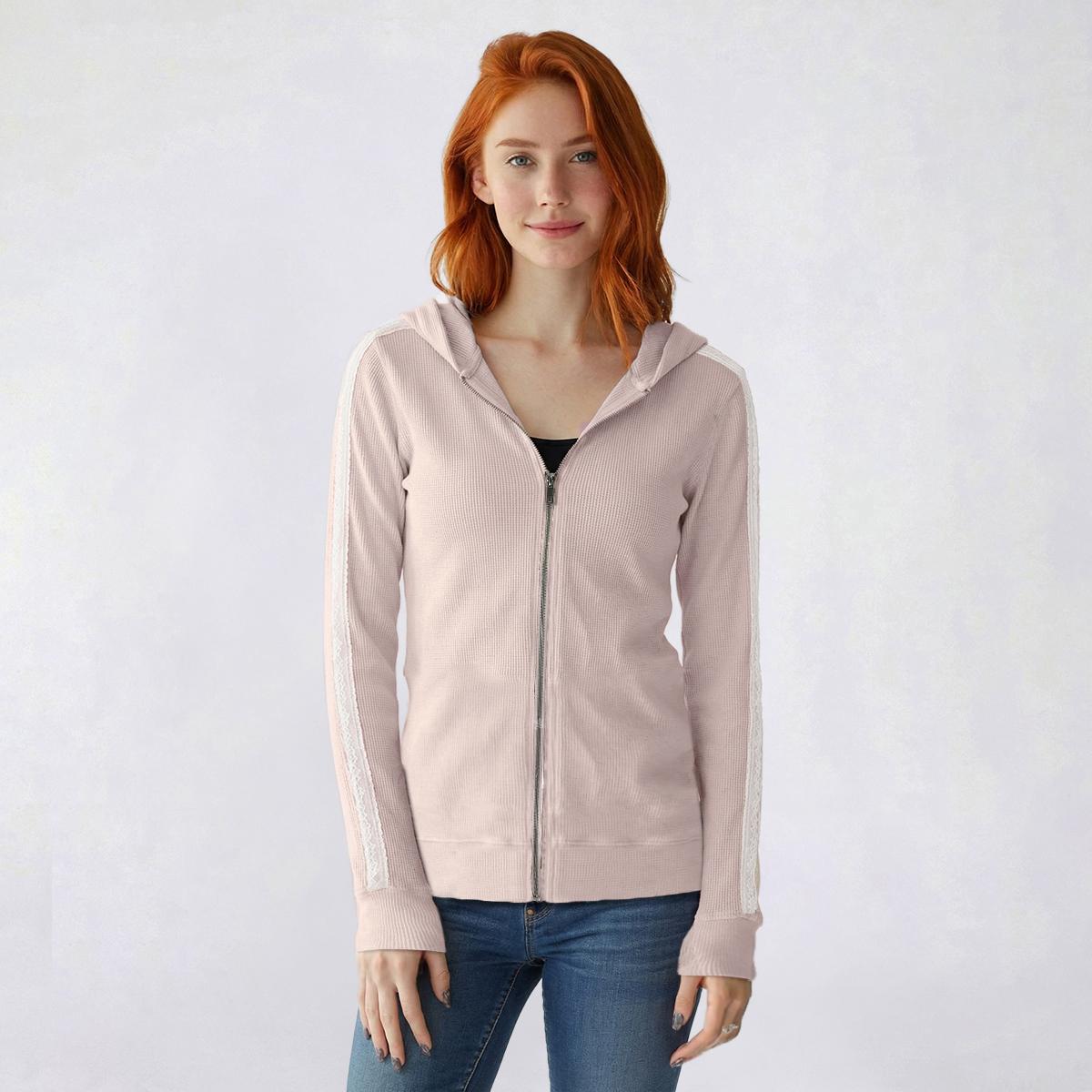 Click here for Juniors No Comment Waffle Ditsy Lace Zip Hoodie wi... prices